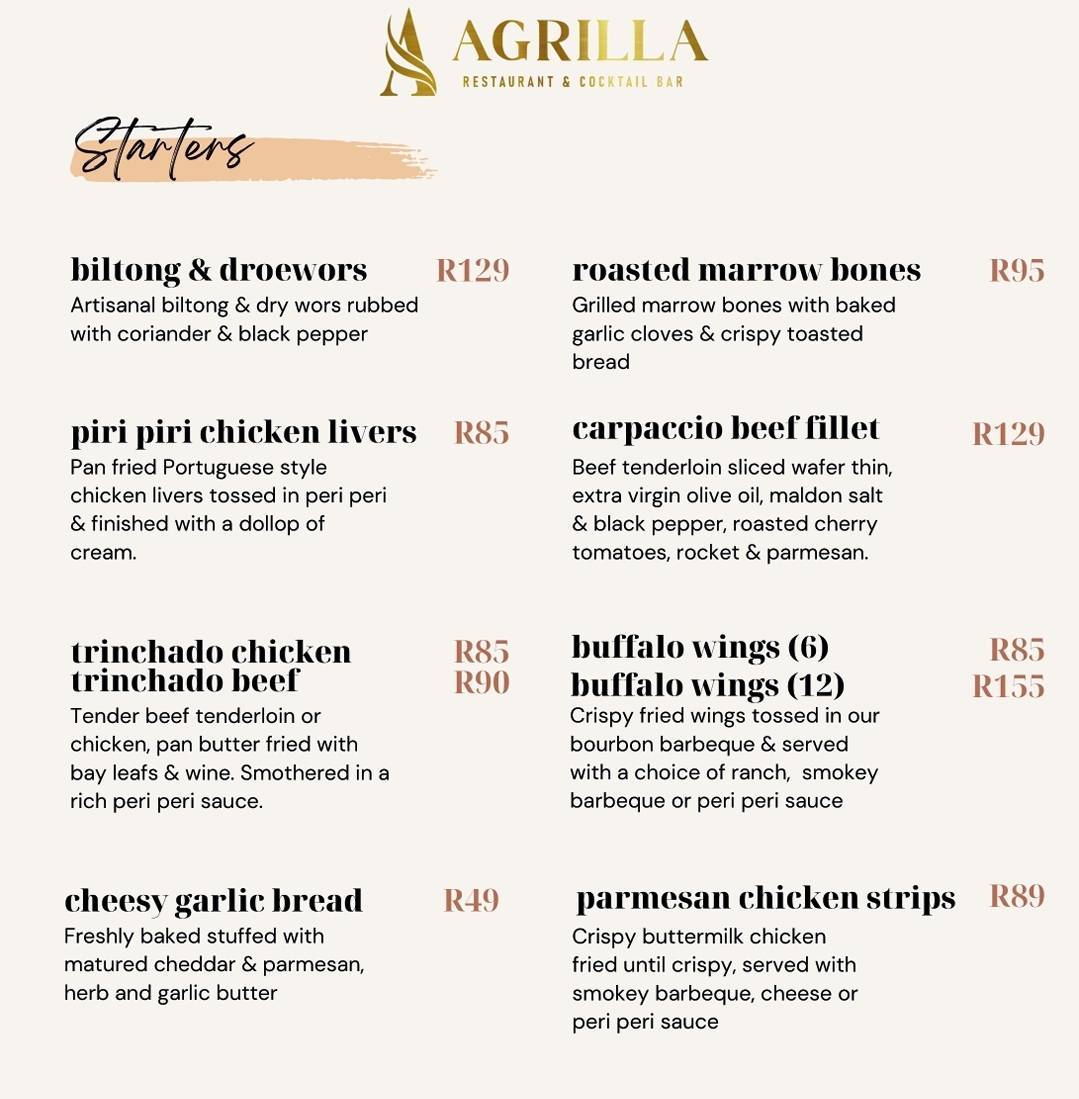 Carta de Agrilla Meet & Cocktail Bar, Pretoria, 209 Aramist Ave