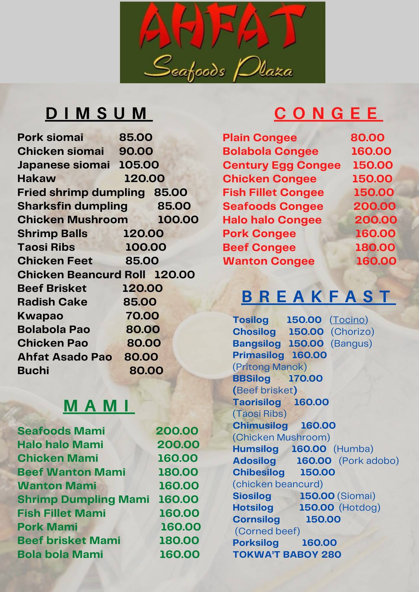 Menu at Ahfat Seafoods Plaza restaurant, Davao City