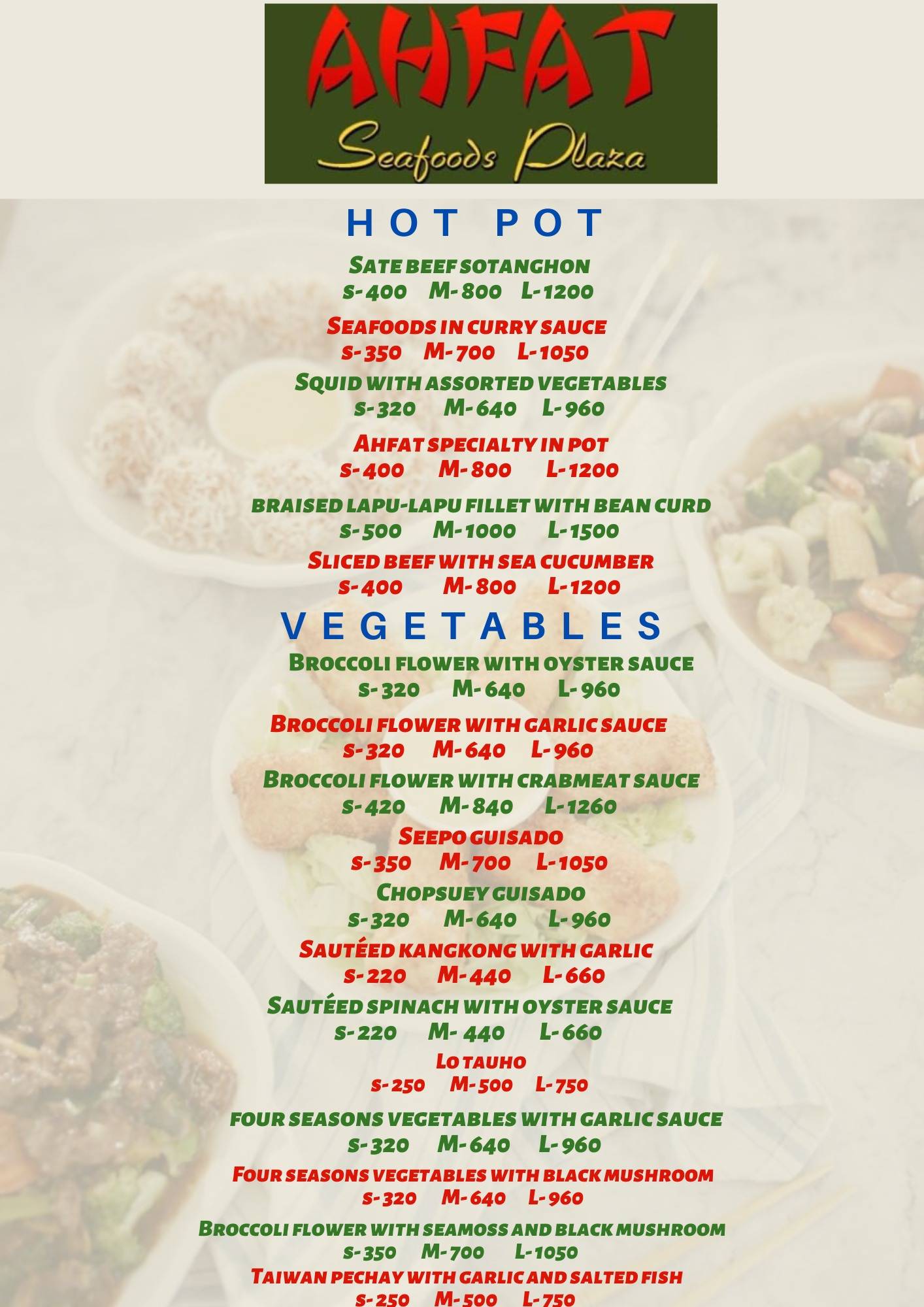 Menu at Ahfat Seafoods Plaza restaurant, Davao City