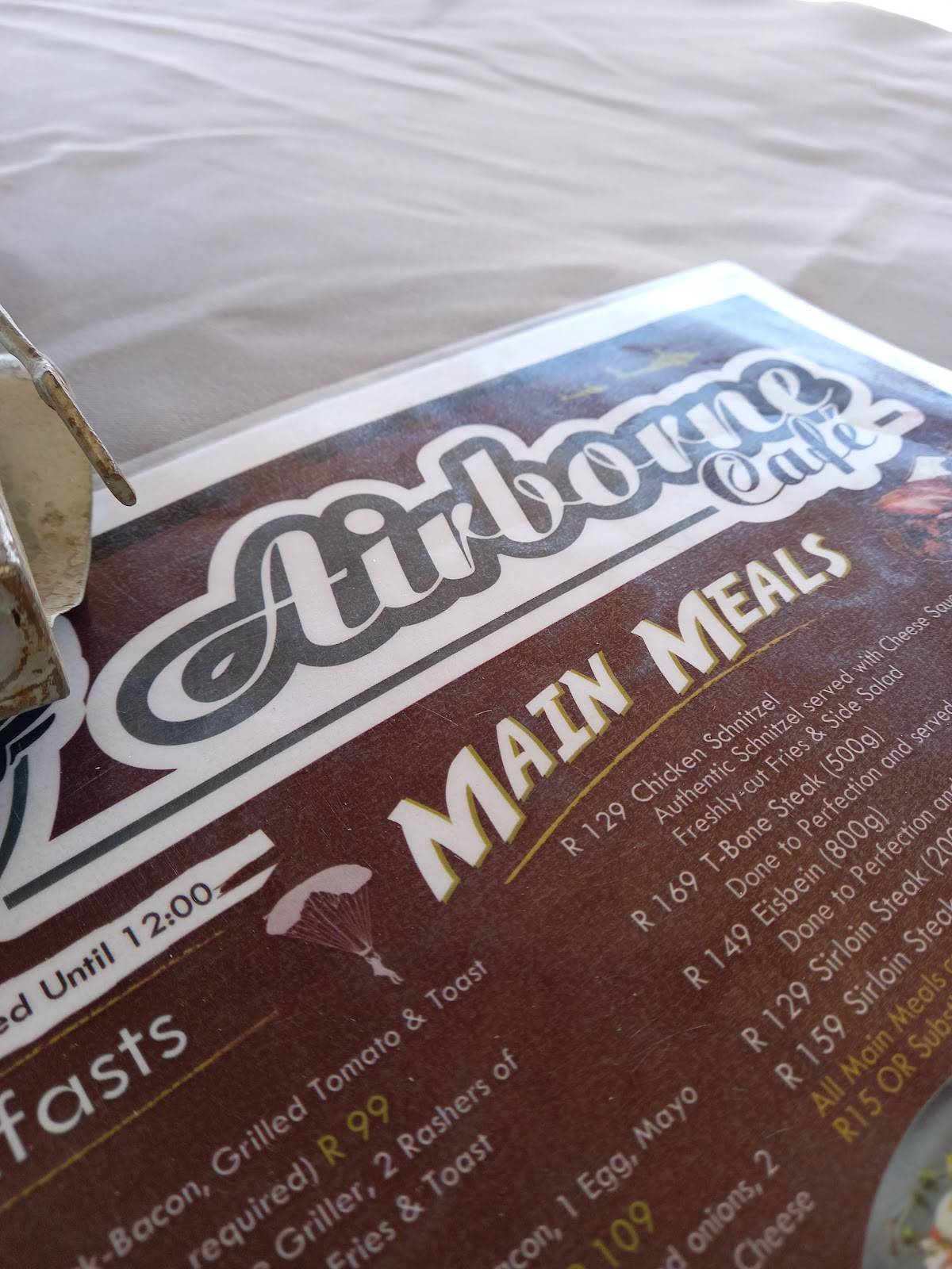 Menu at Airborne Cafe FATP, Bloemfontein, Blue Skies Blvd