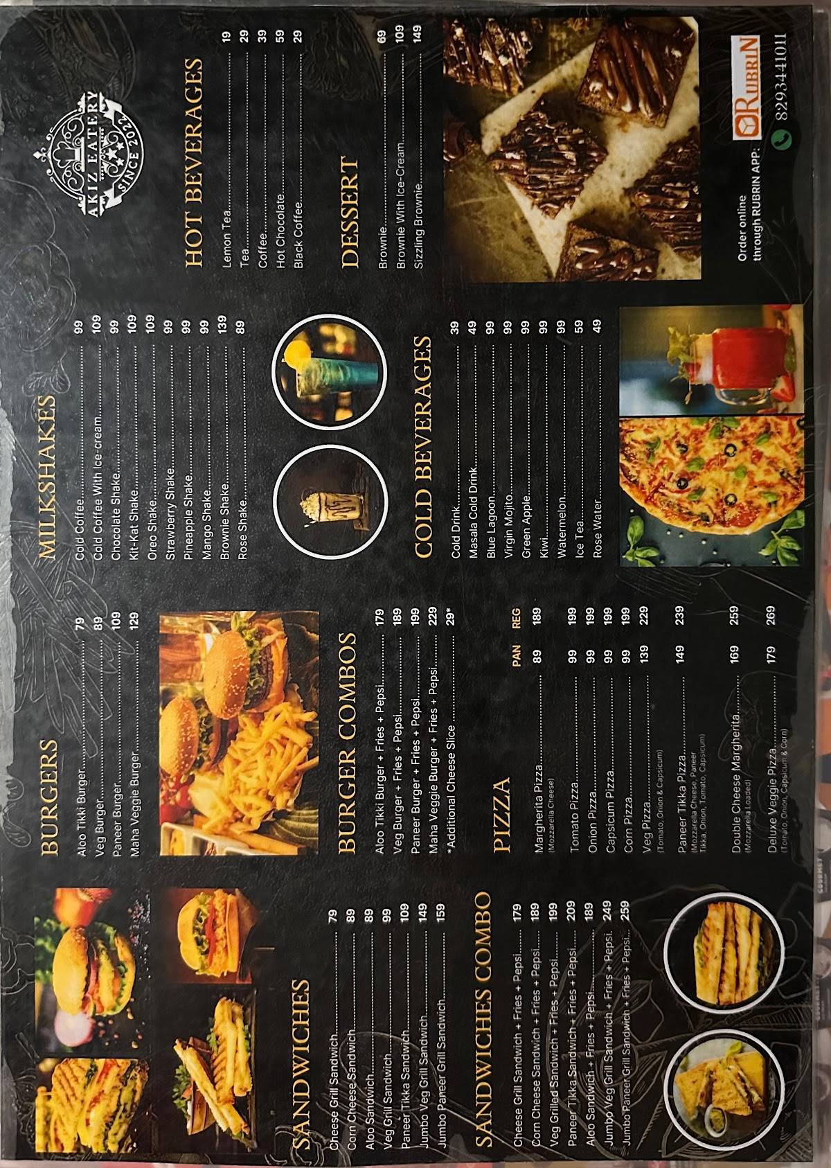 Menu at Akiz Eatery, Dhuliyan