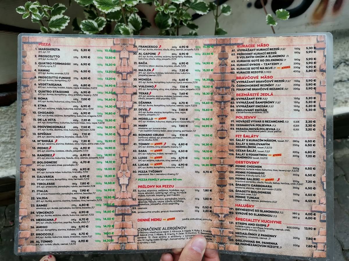 Menu at Al Capone restaurant, Kysucké Nové Mesto