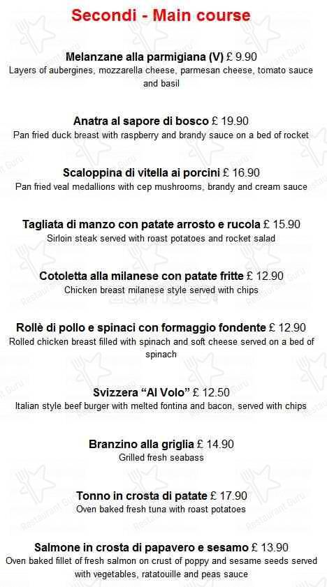 Menu at Al Volo restaurant, London