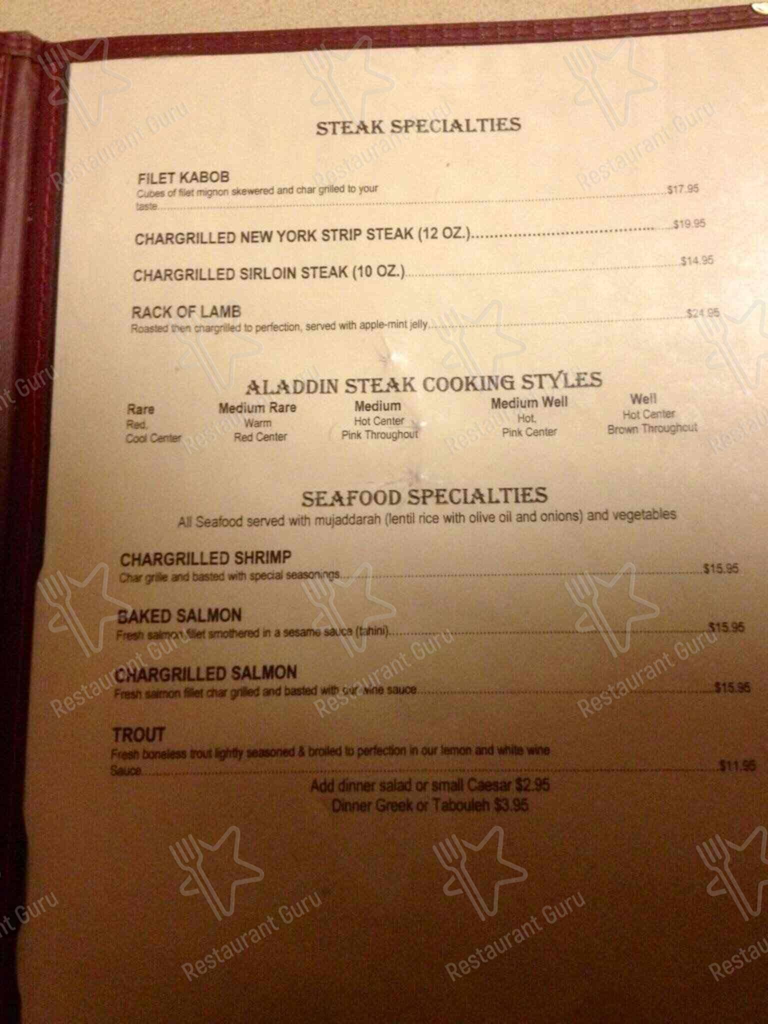 Menu at Aladdin Restaurant, Charleston