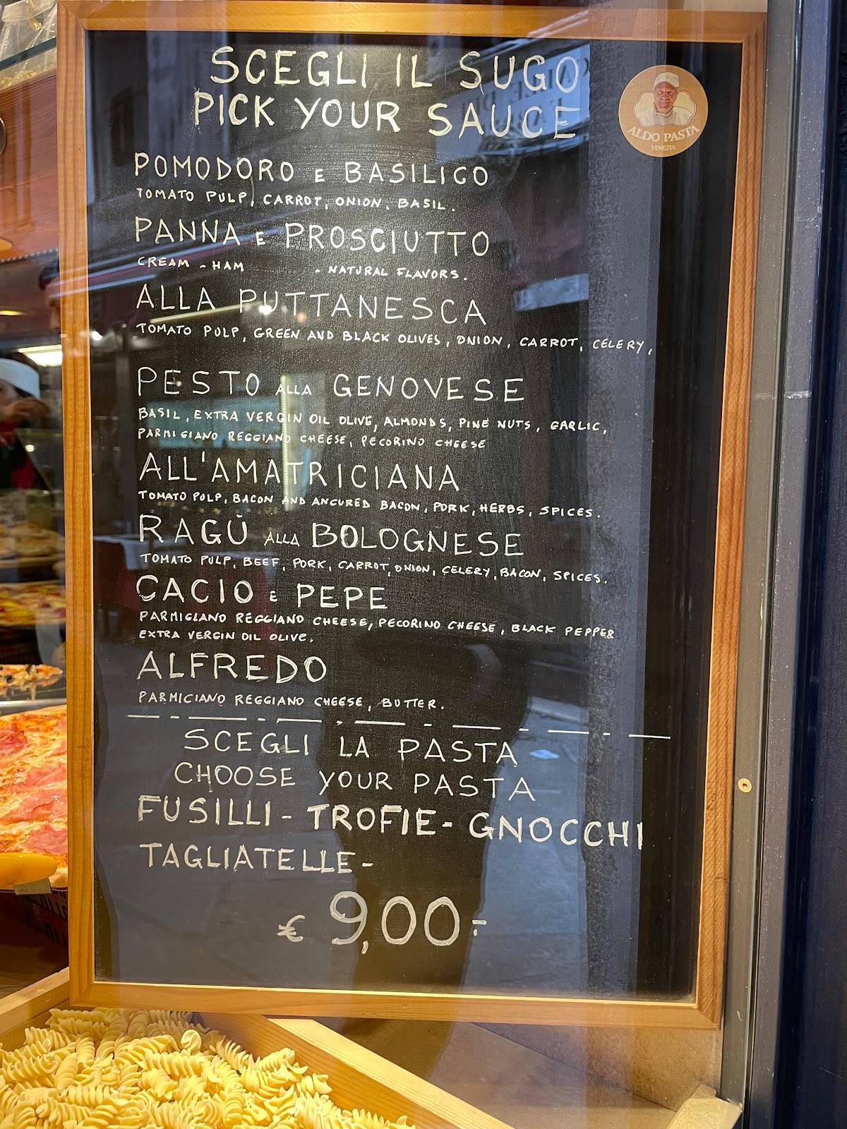 Menu at Aldo Pasta restaurant, Venice