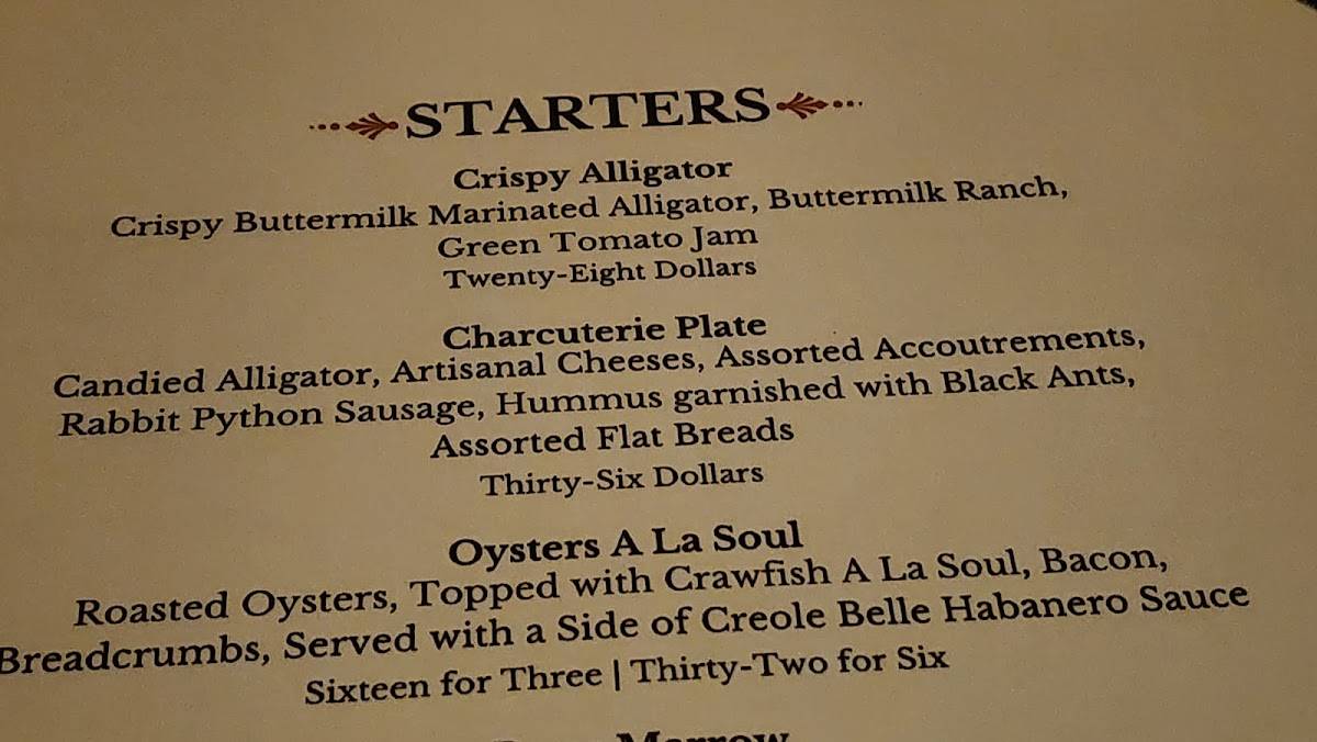 Menu at Alligator Soul Restaurant, Savannah