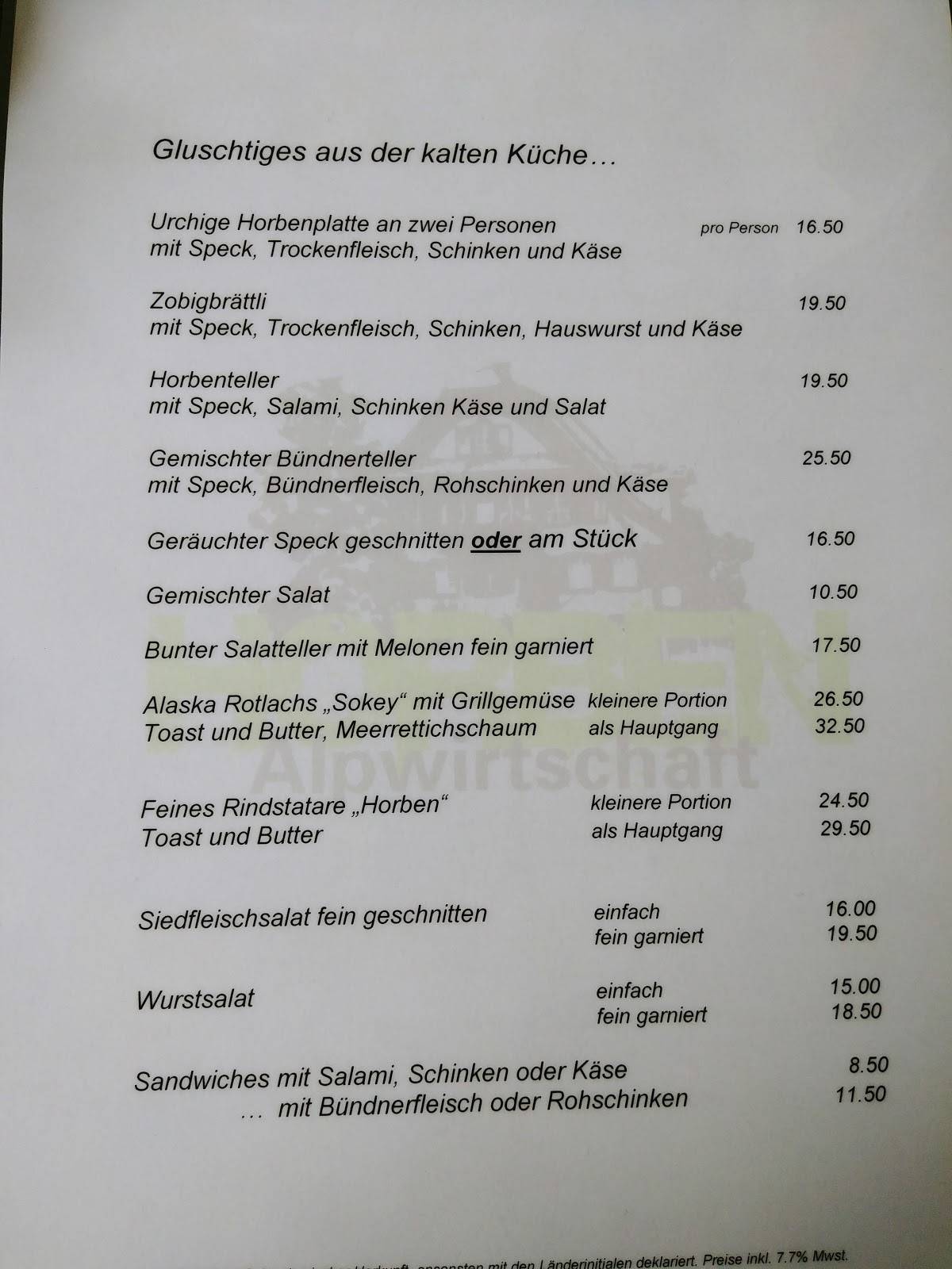 Speisekarte von Alpwirtschaft Horben, Beinwil (Freiamt)