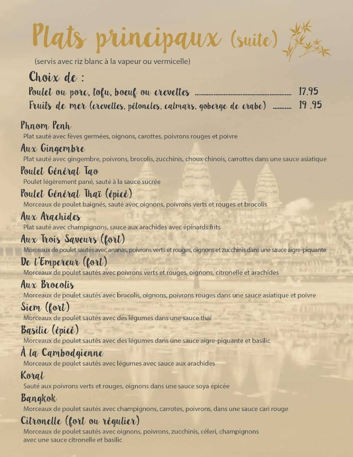 Menu au Ambiances d’Angkor restaurant, Canada