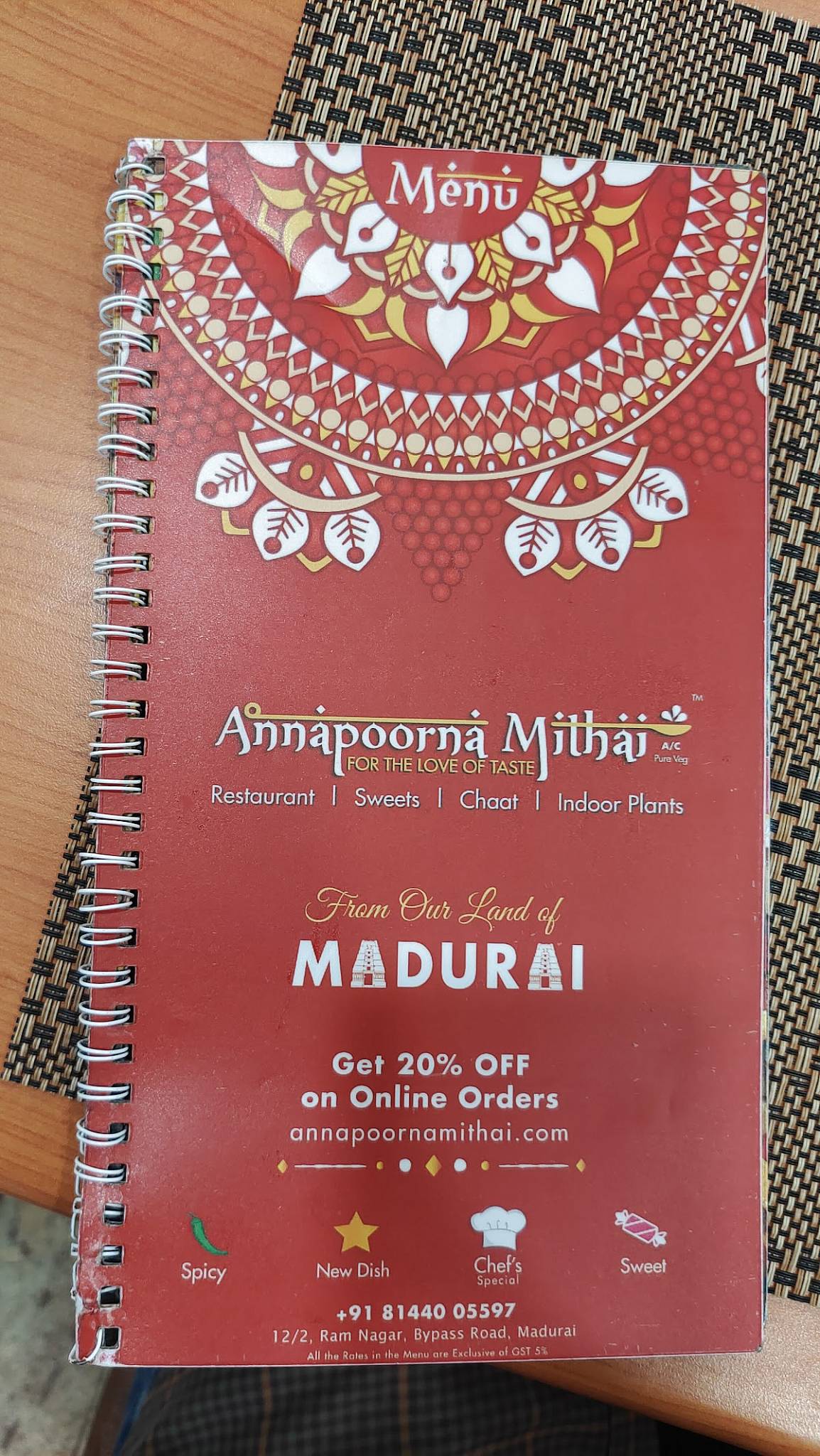 Menu at Annapoorna Mithai, Madurai, 12/2