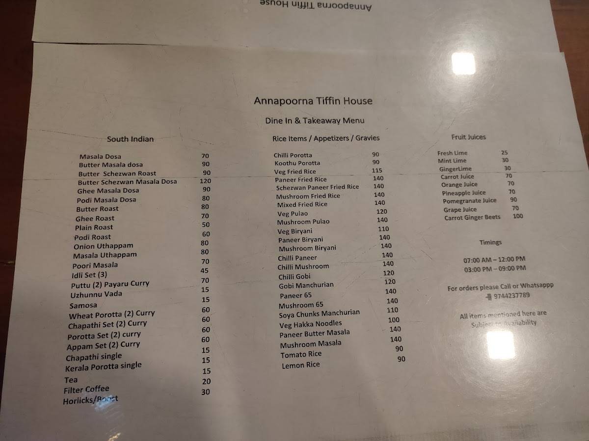 Menu at Annapoorna Tiffin House, Ernakulam, Bus Stop
