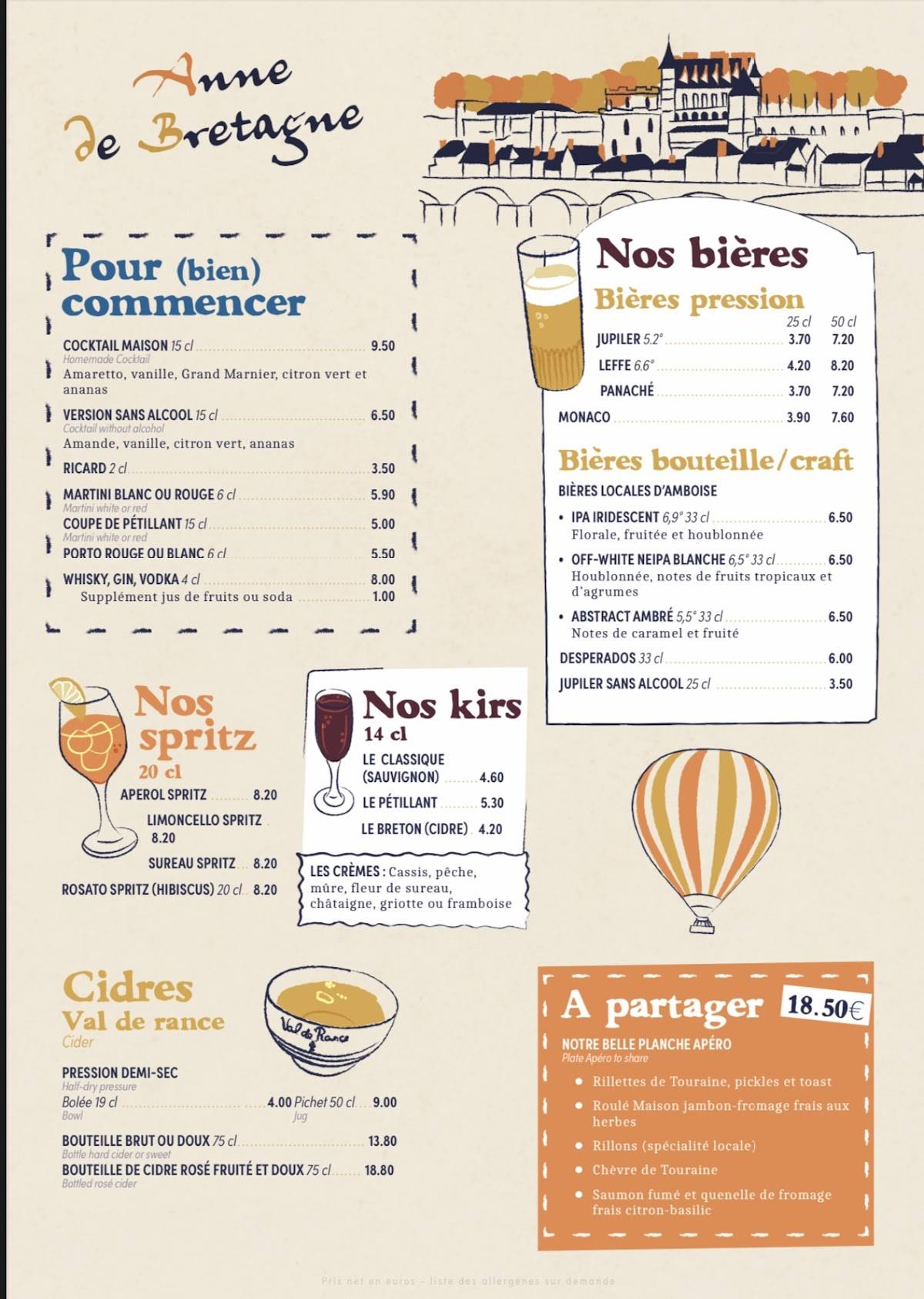 Menu au ANNE DE BRETAGNE restaurant, Amboise