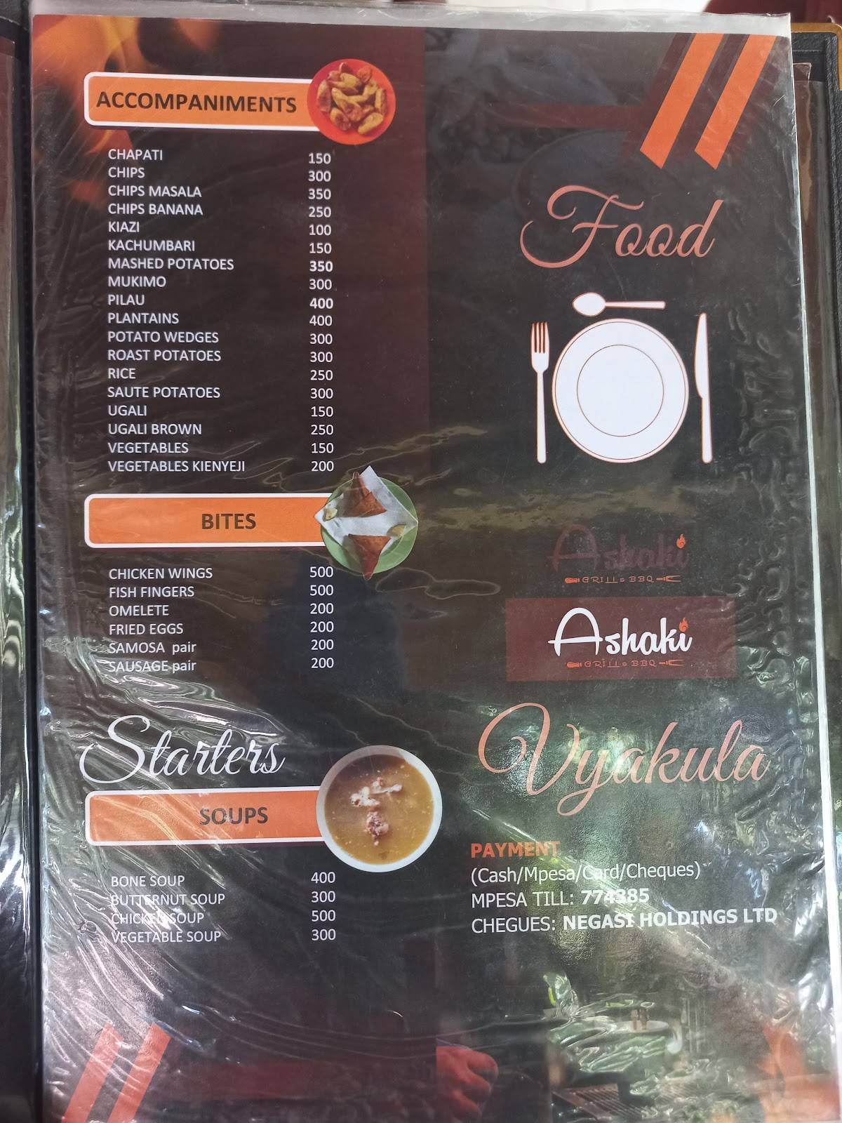 Menu at Ashaki Grill restaurant, Nairobi