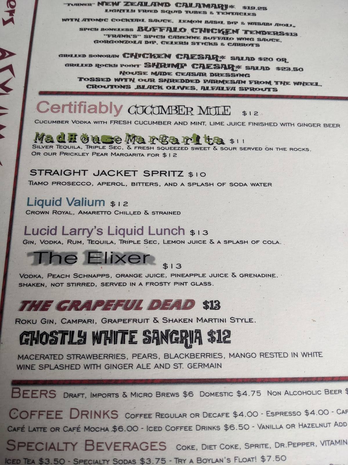 Menu at Asylum Restaurant, Jerome