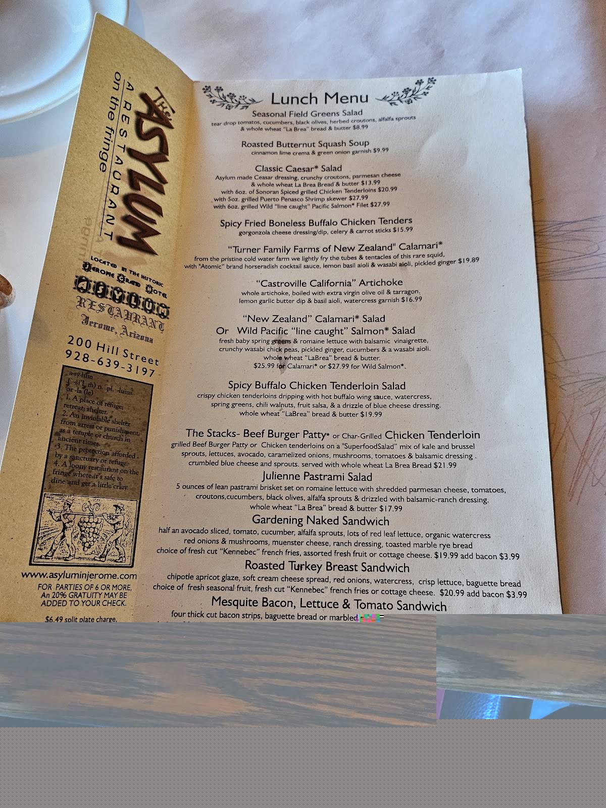 Menu at Asylum Restaurant, Jerome