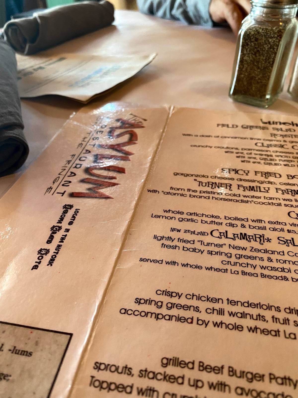 Menu at Asylum Restaurant, Jerome