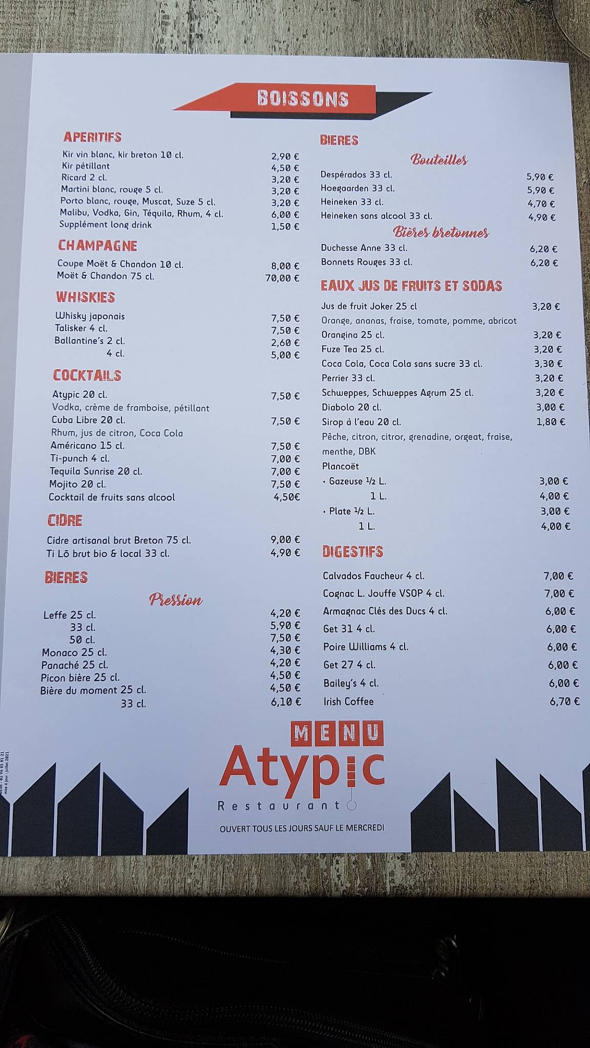 Menu au Atypic restaurant, Dinan