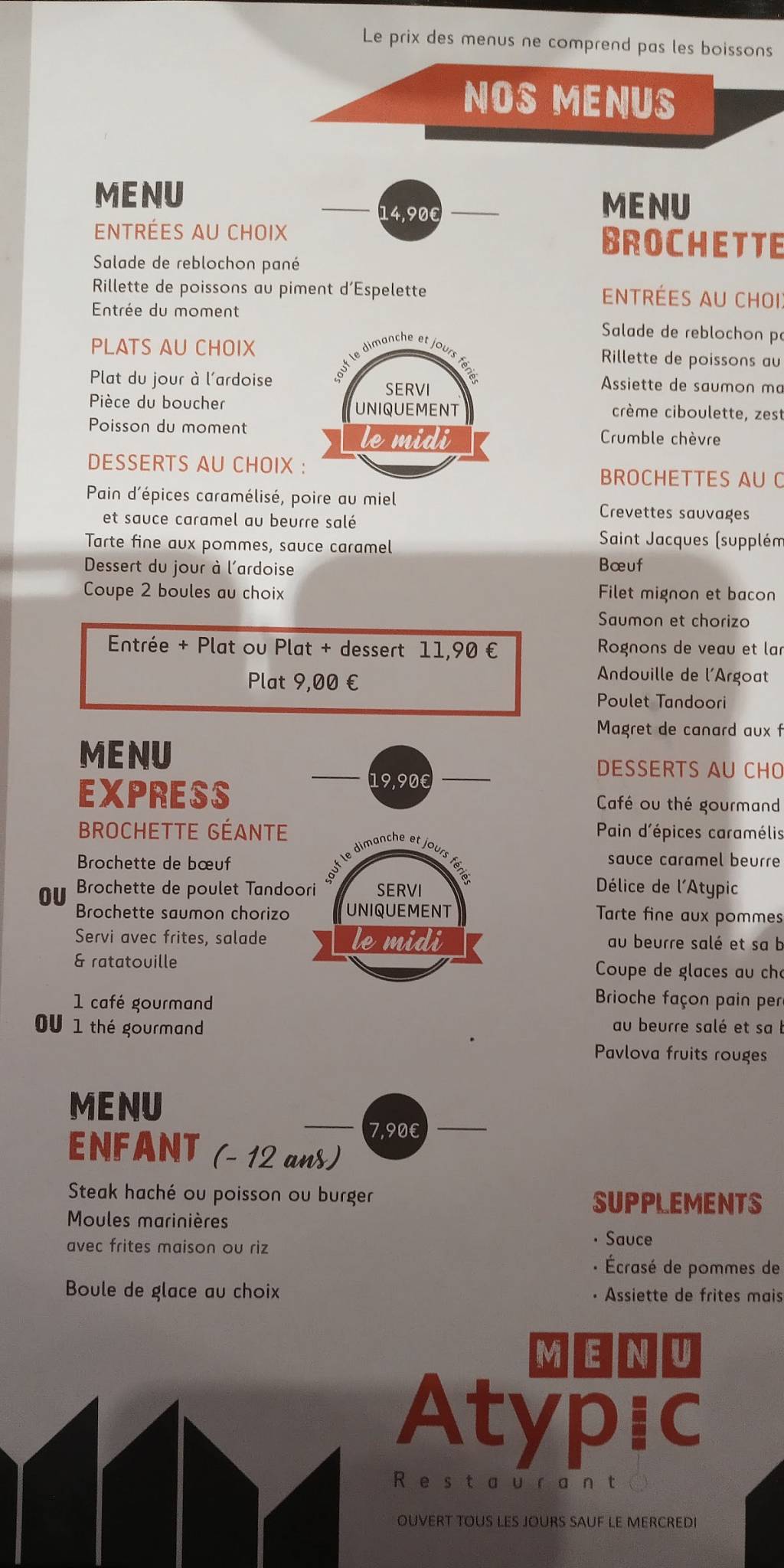 Menu au Atypic restaurant, Dinan