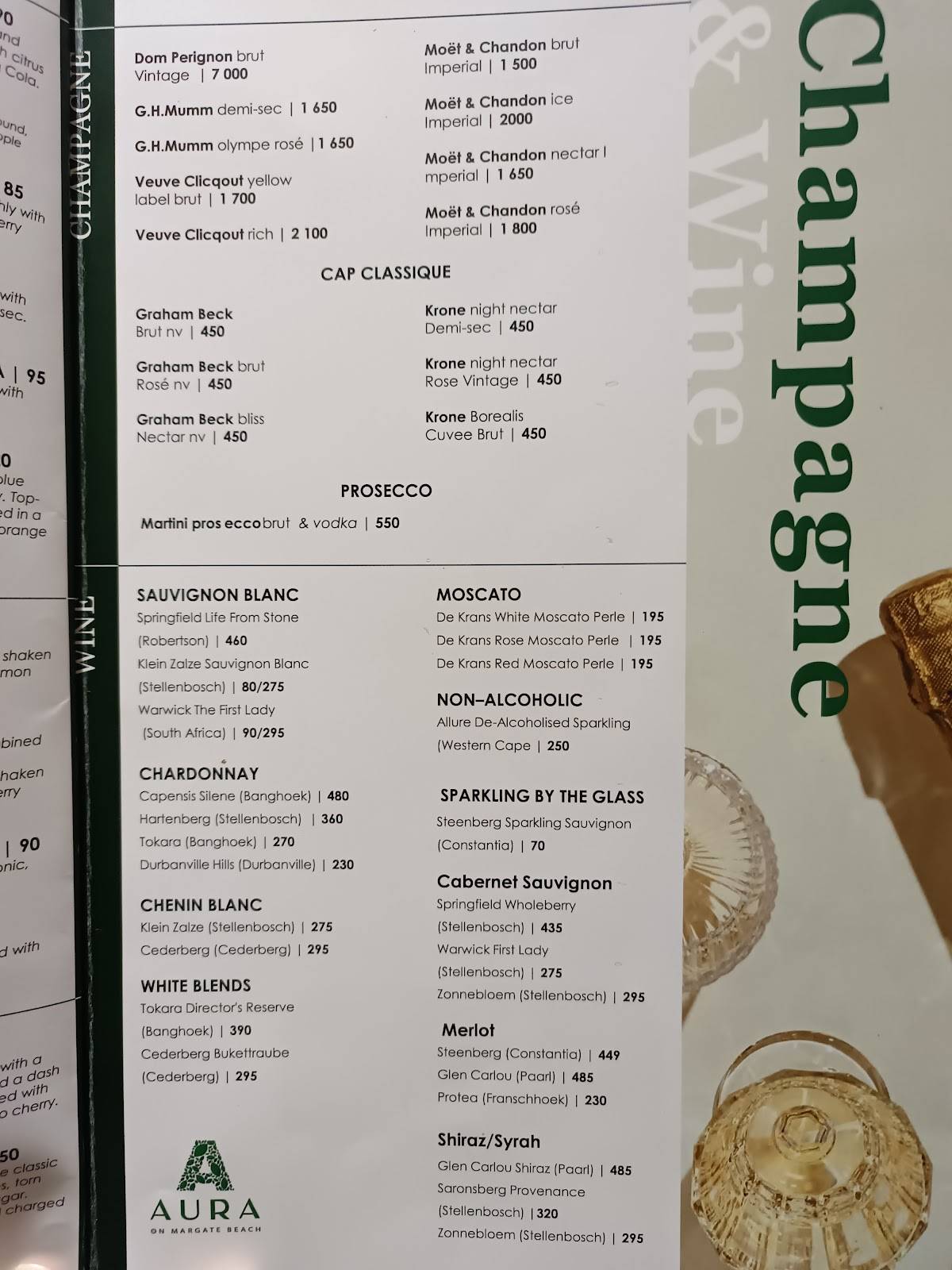 Menu at Aura on Margate Beach restaurant, Margate