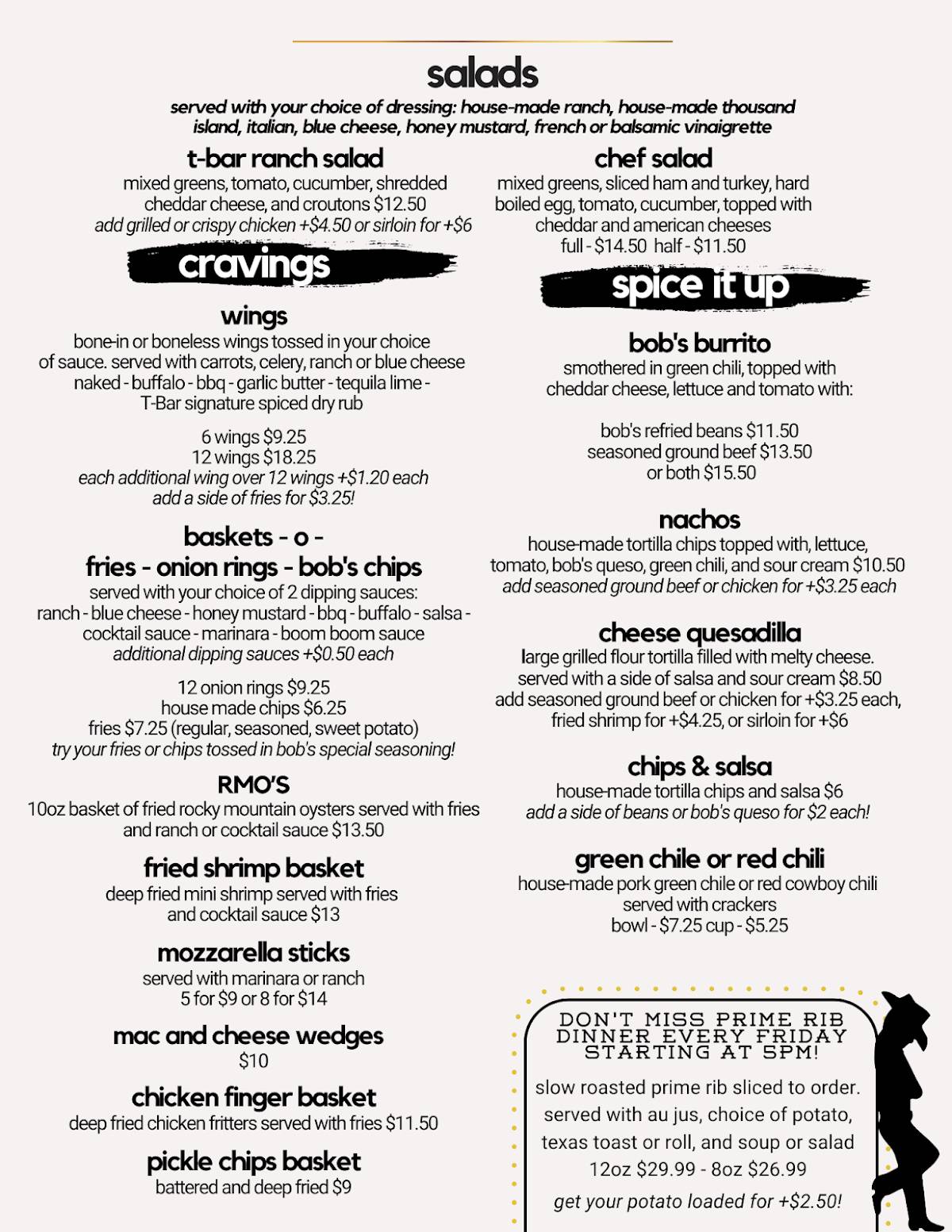 Menu at T Bar, Wellington, W Cleveland Ave