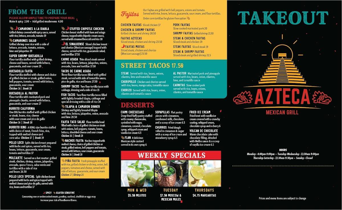 Menu at Azteca Mexican Grill restaurant, Oswego
