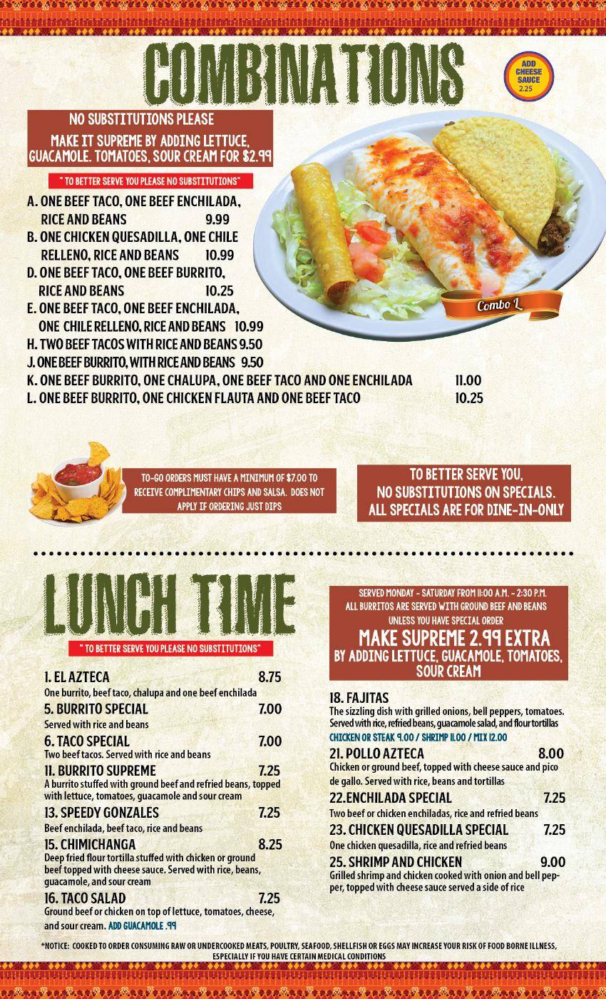 Menu at Aztecas Mexican Grill restaurant, Pell City