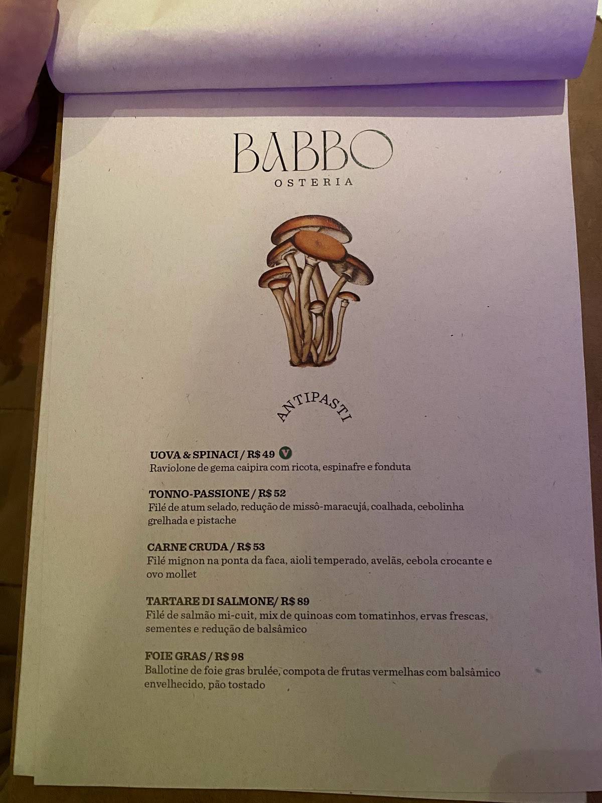 Menu em Babbo Osteria restaurante, Rio de Janeiro