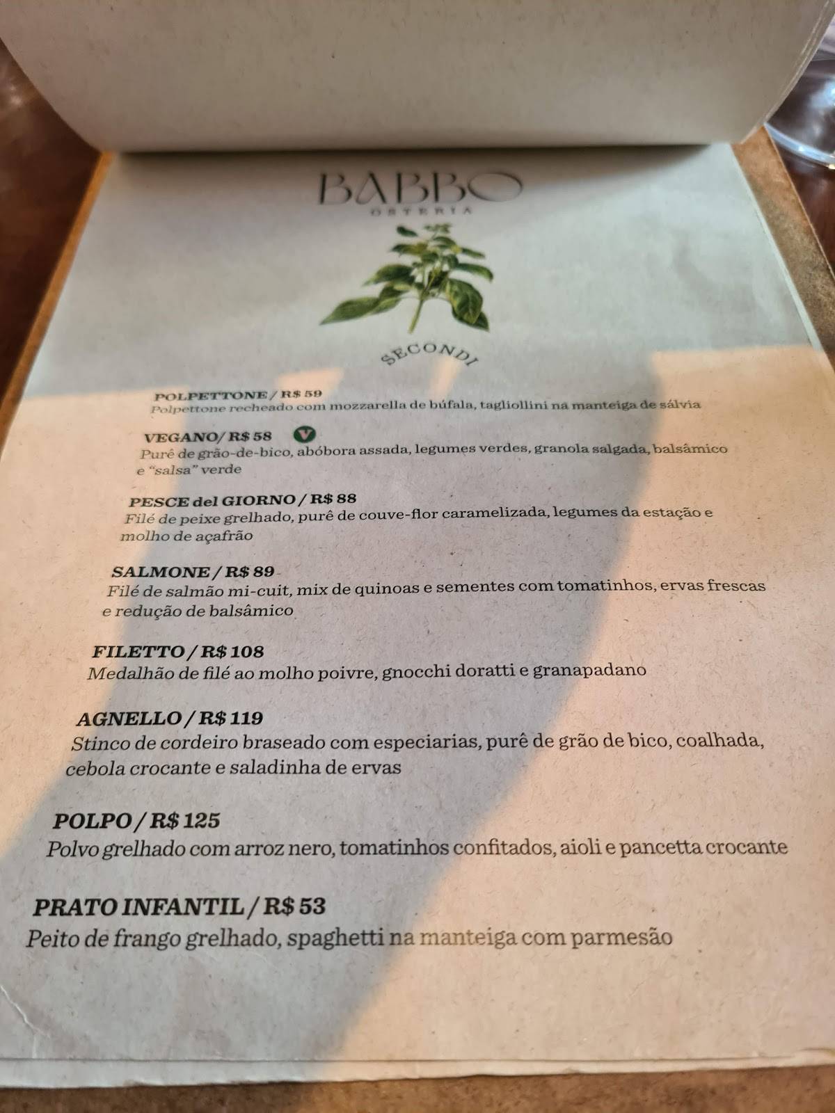 Menu em Babbo Osteria restaurante, Rio de Janeiro