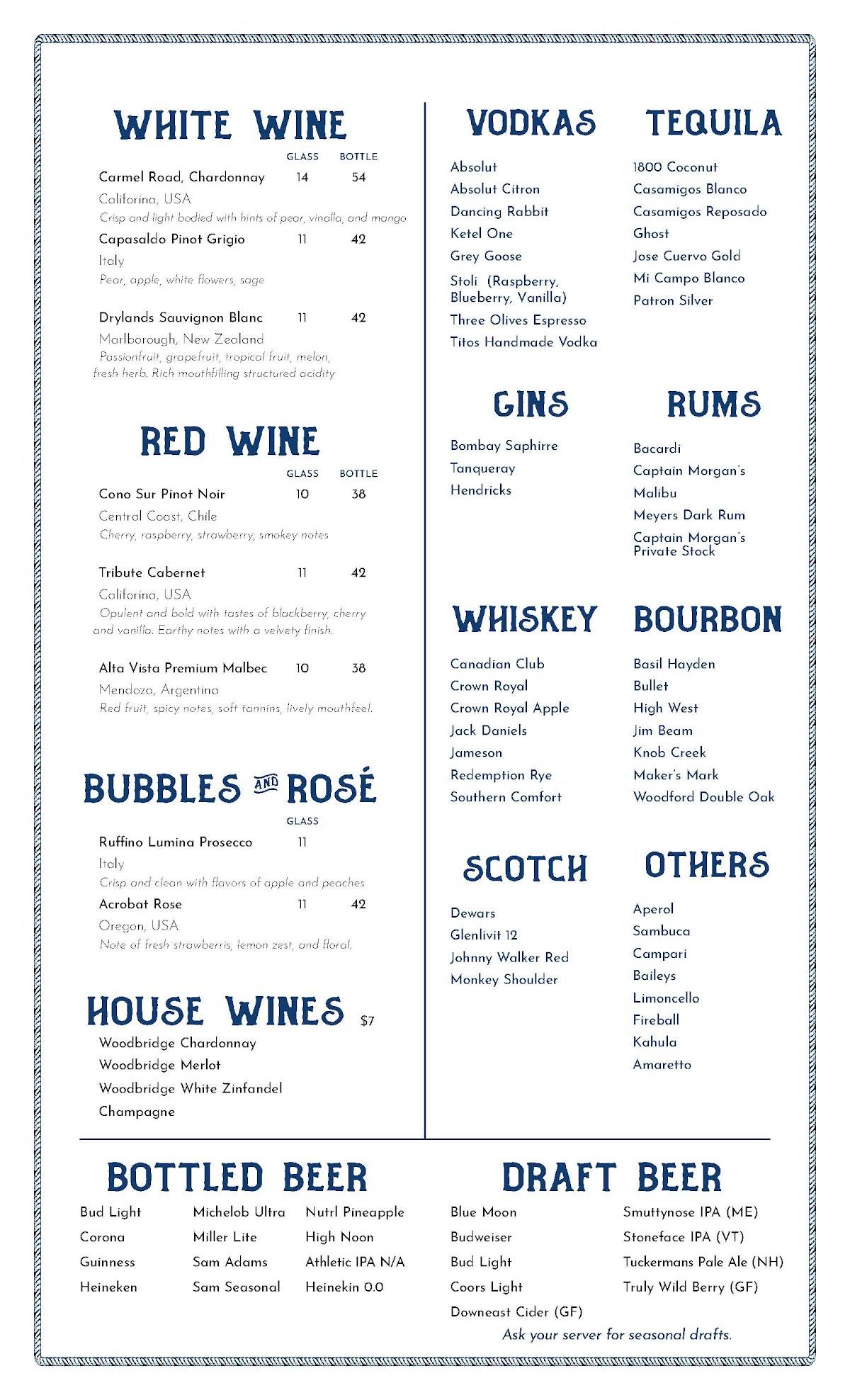 Menu at Back Bay Boathouse restaurant, Wolfeboro