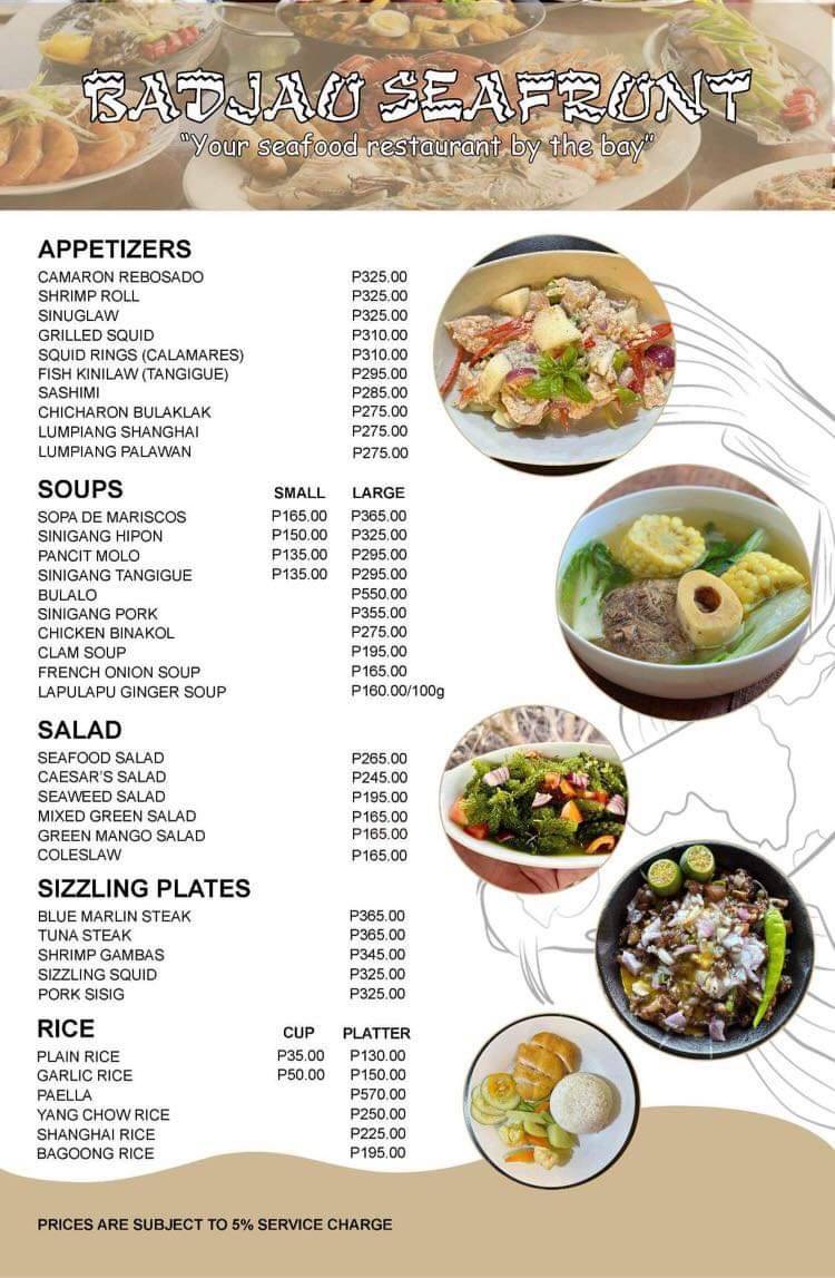 Menu at Badjao Seafront Restaurant, Puerto Princesa, PPHX+4V5
