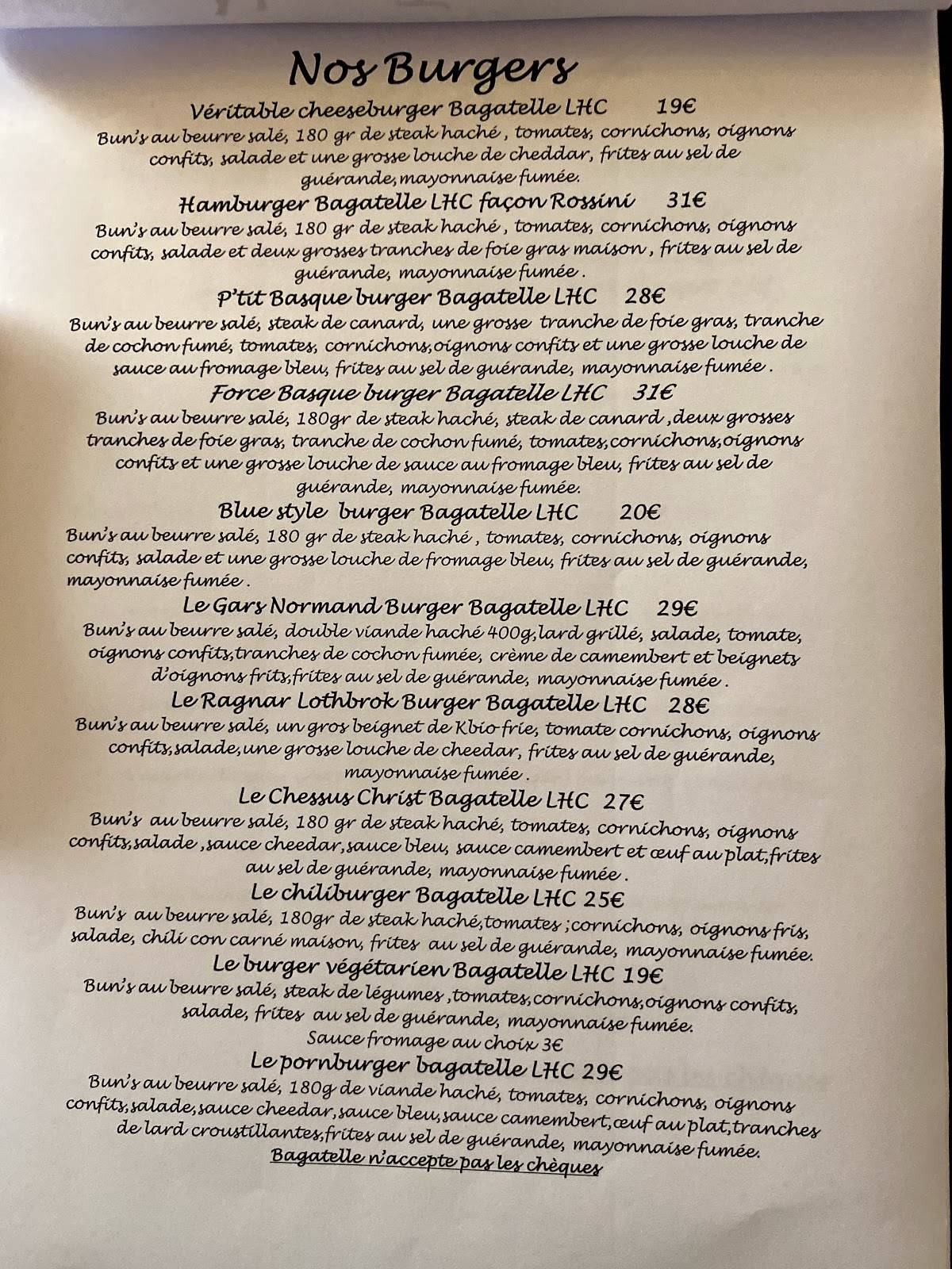 Menu au Le Bagatelle restaurant, Le Havre