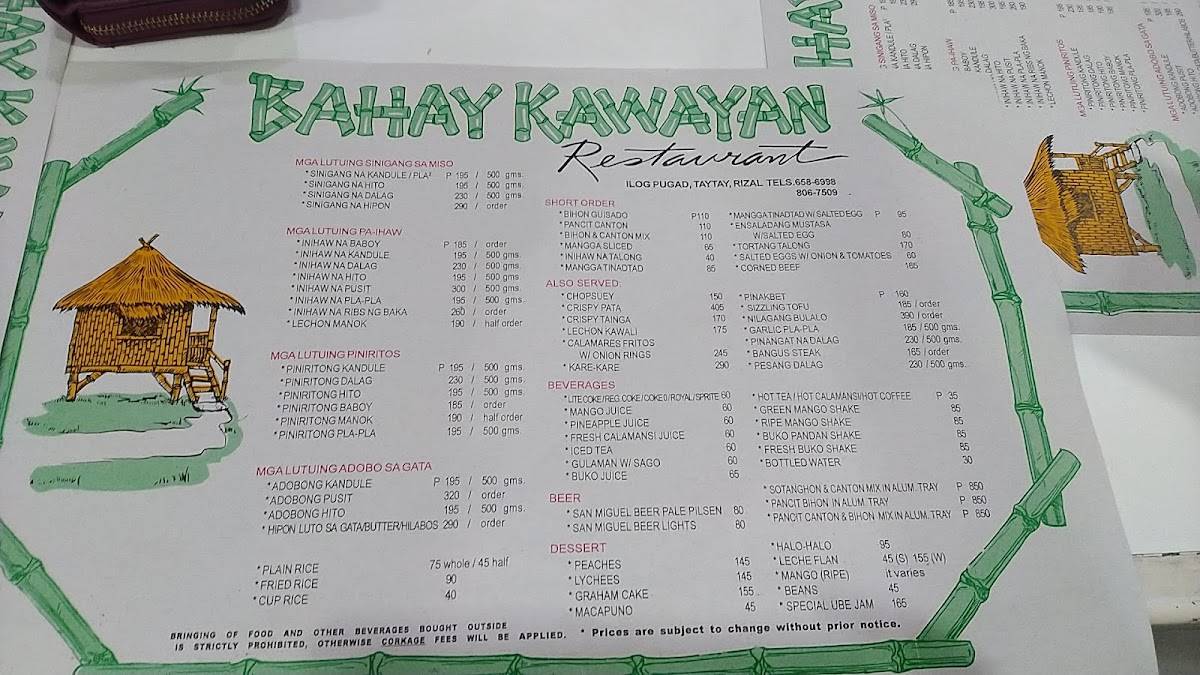 Menu at Bahay Kawayan Restaurant, Taytay, H43Q+CFV