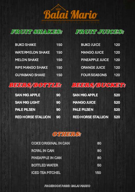 Menu at Balai Mario restaurant, Silang