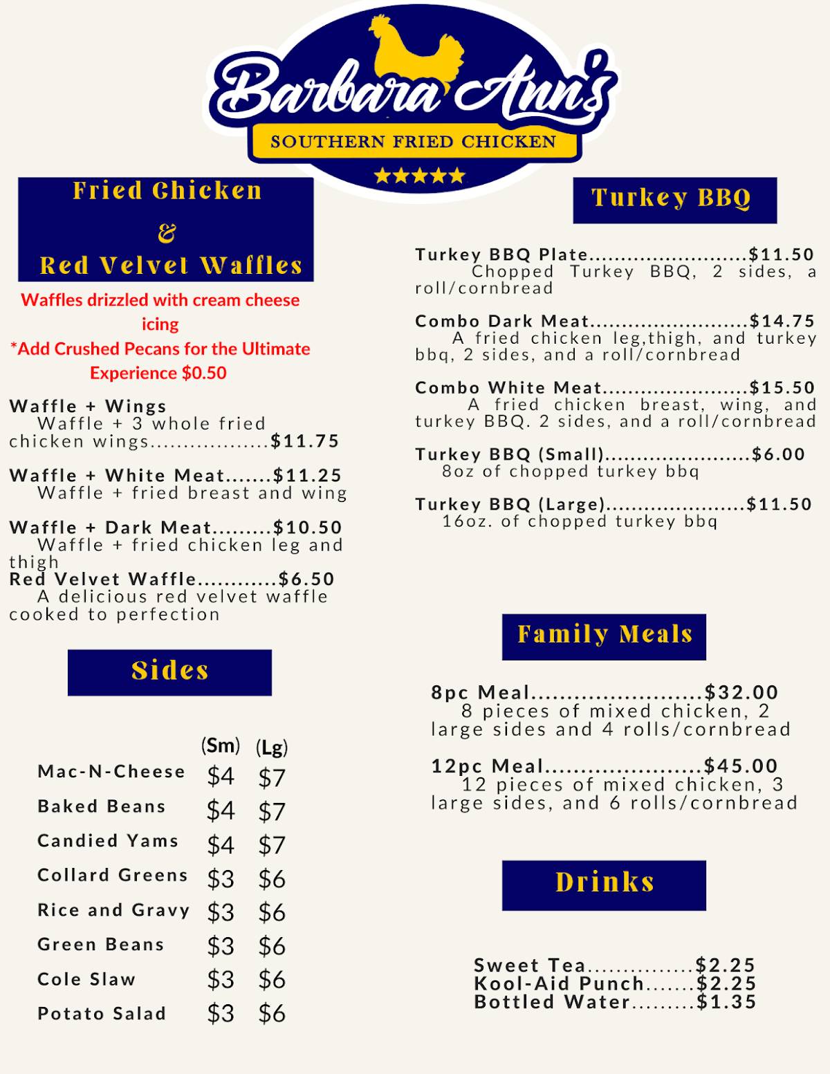Menu at Barbara Ann's Southern Fried Chicken, Hope Mills