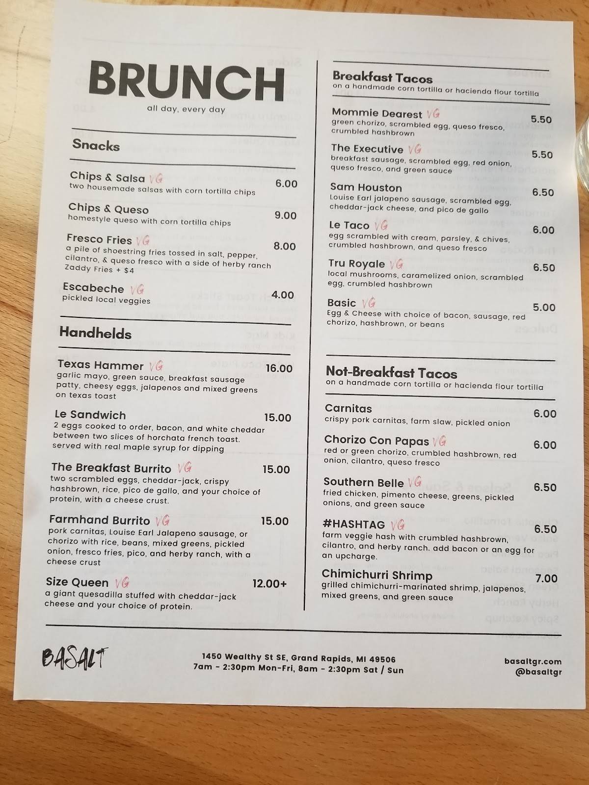 Menu at Basalt restaurant, Grand Rapids