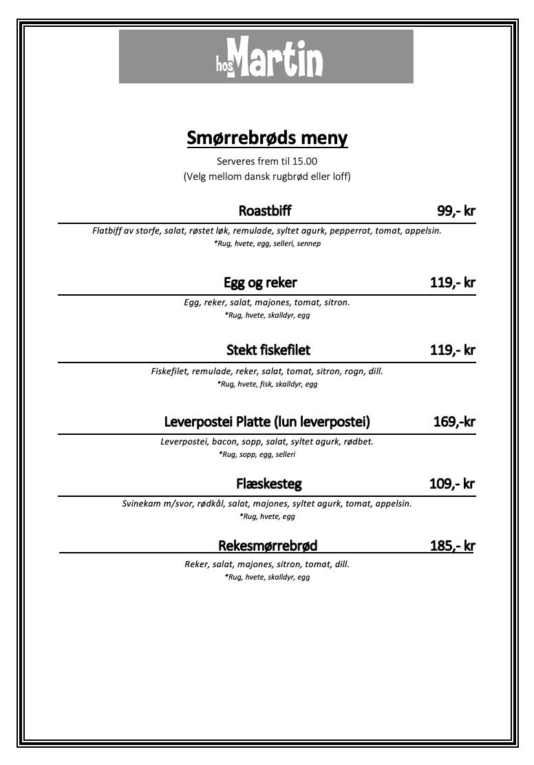 Menu at Restaurant Hos Martin, Fredrikstad