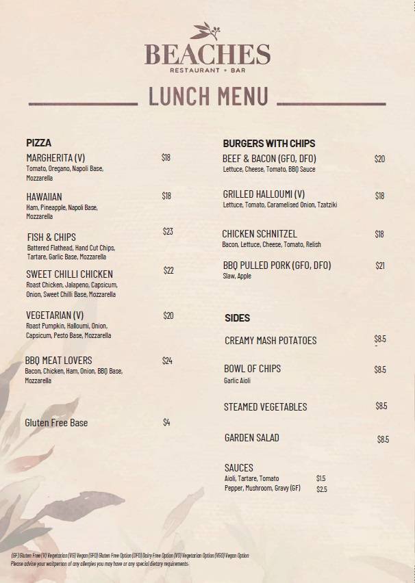 Menu at Beaches Restaurant & Bar, Seven Mile Beach