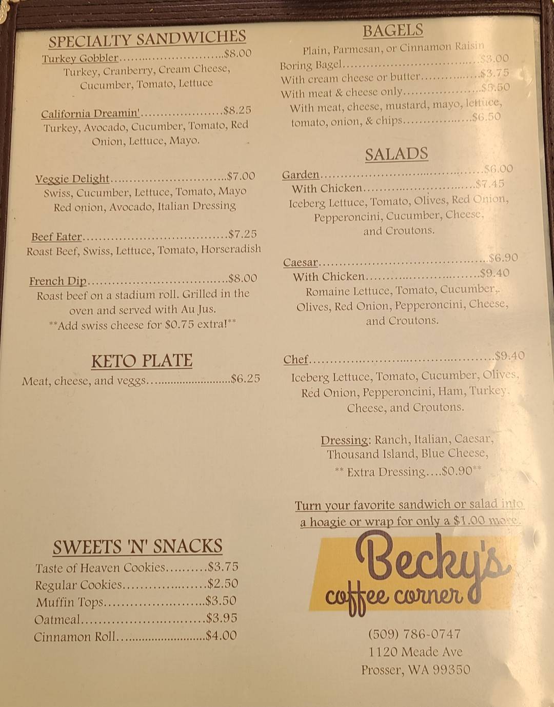 Menu at Becky's Coffee Corner, Prosser