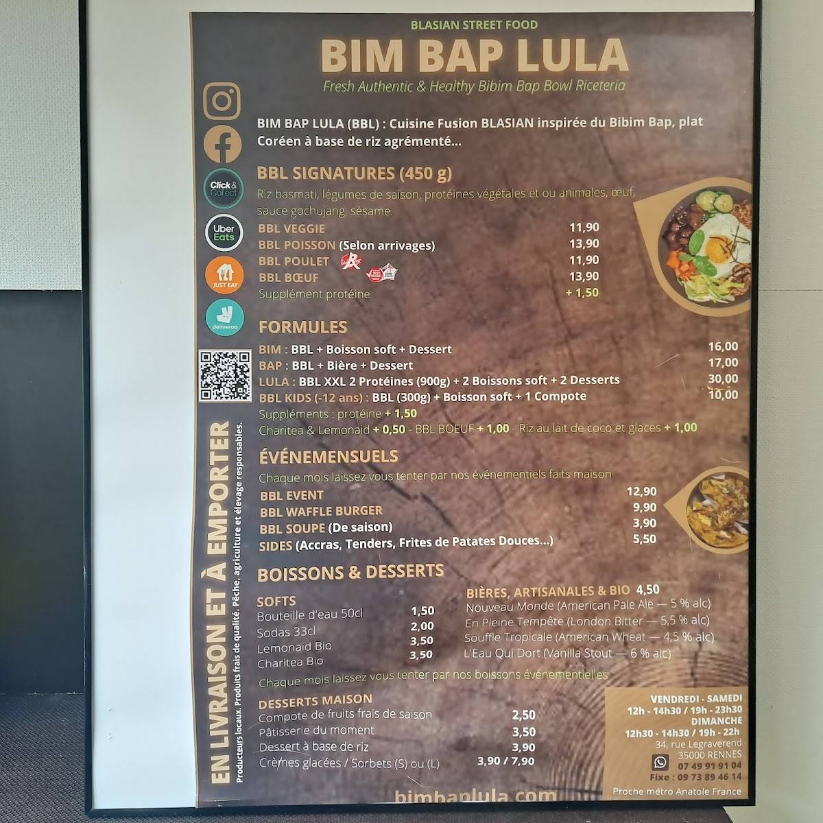 Carta del restaurante Bim Bap Lula Rennes, Rennes