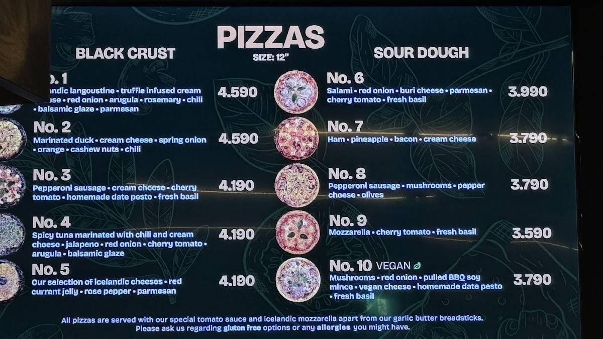 Menu at Black Crust Pizzeria, Vik