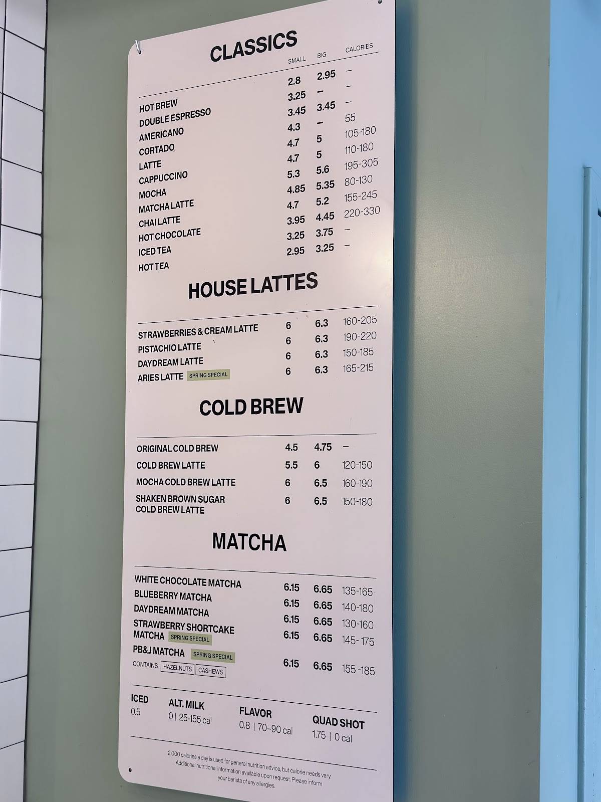 Menu at Blank Street Coffee restaurant, New York City, 300 Bleecker St