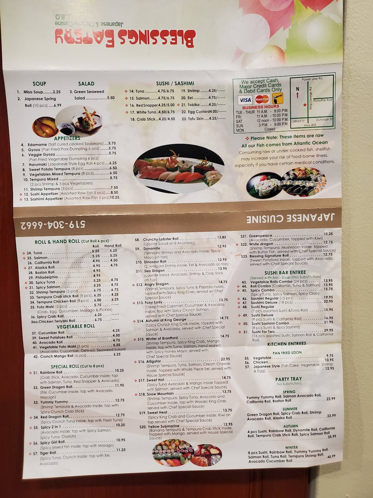 Menu at Blessings Eatery restaurant, Brantford