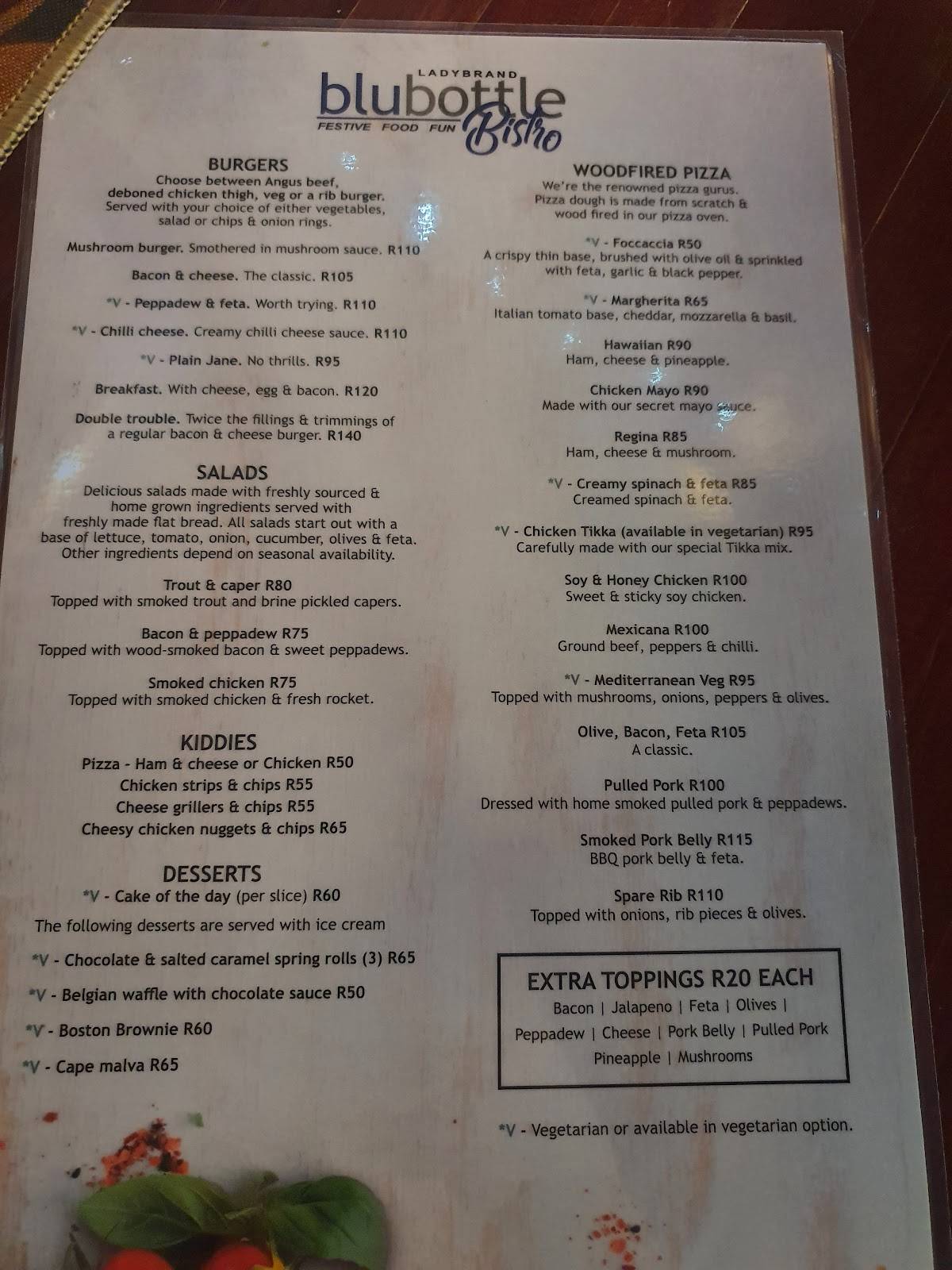 Menu at Blu Bottle Bistro restaurant, Ladybrand