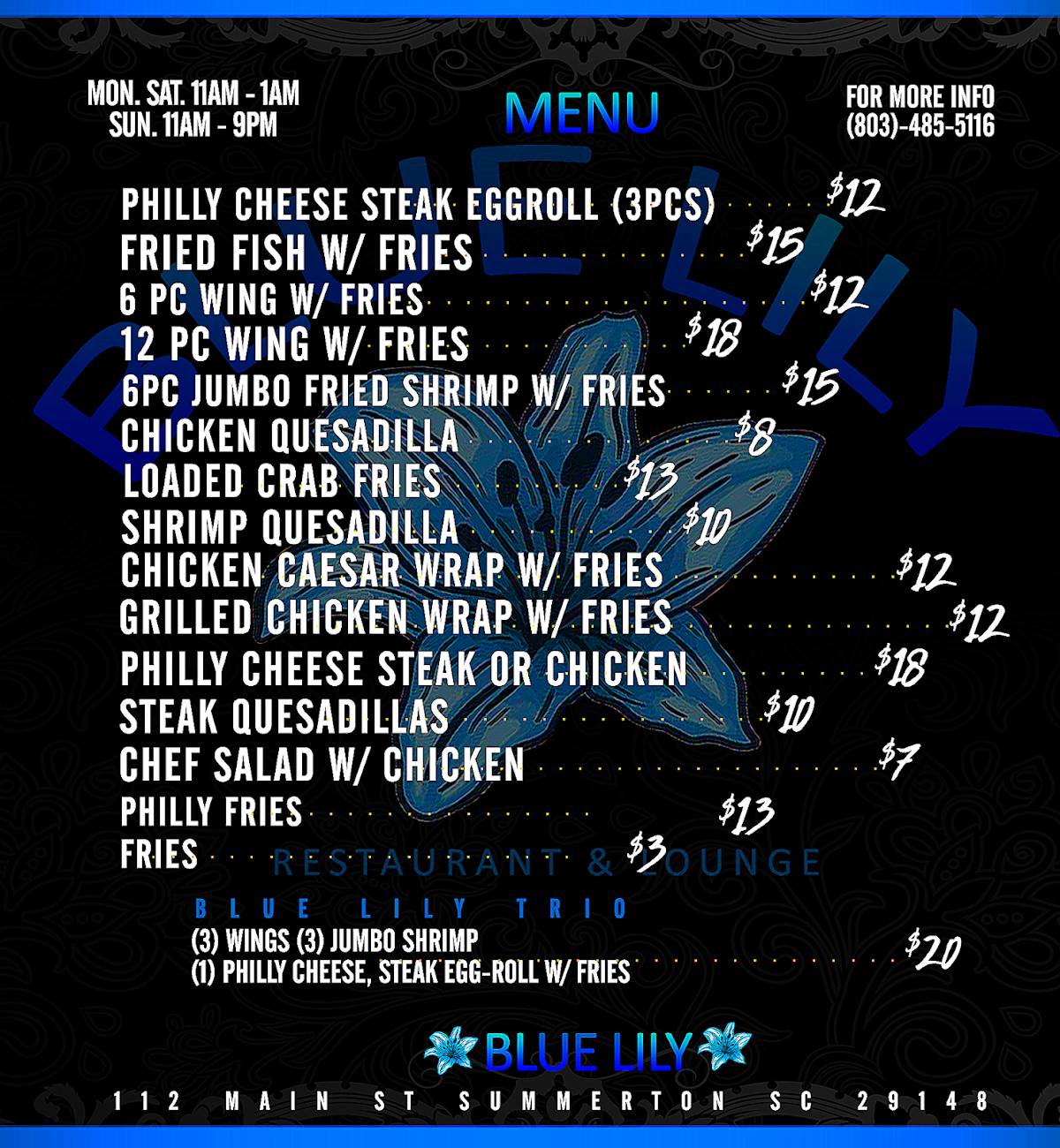 Menu at Santee Pitt restaurant and Bar, Summerton