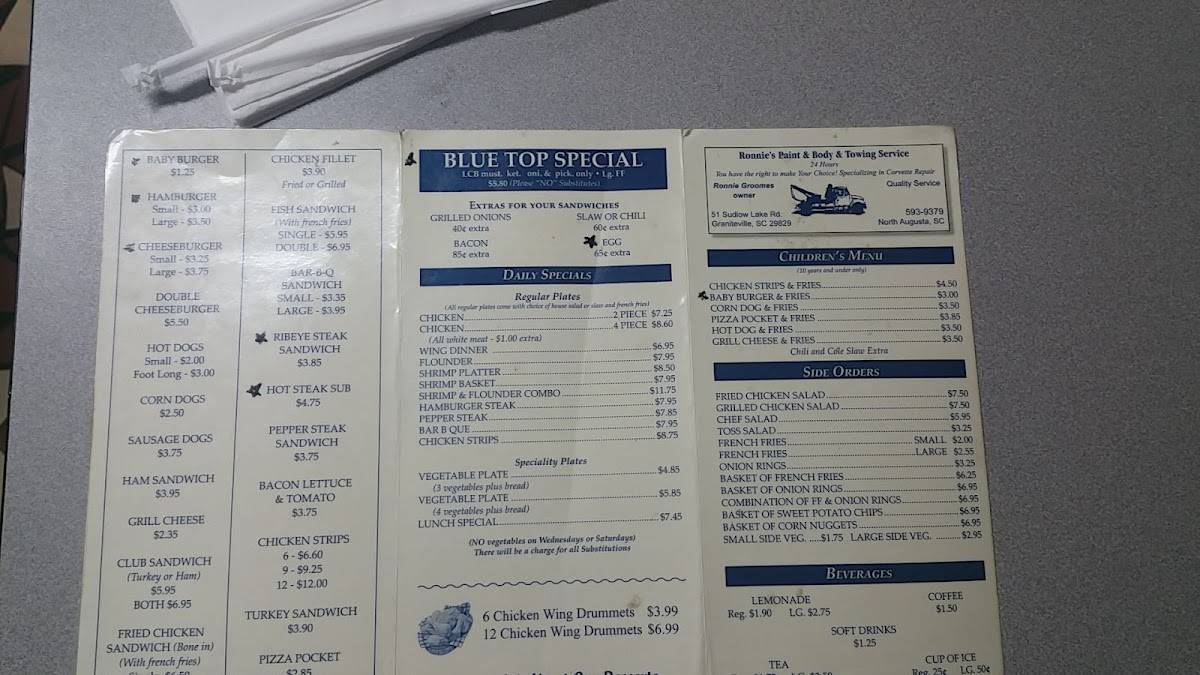 Menu at Blue Top Grill restaurant, Graniteville