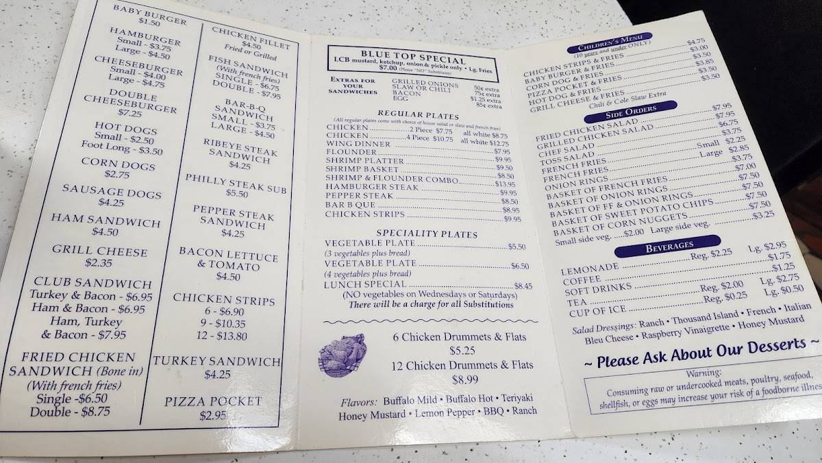 Menu at Blue Top Grill restaurant, Graniteville