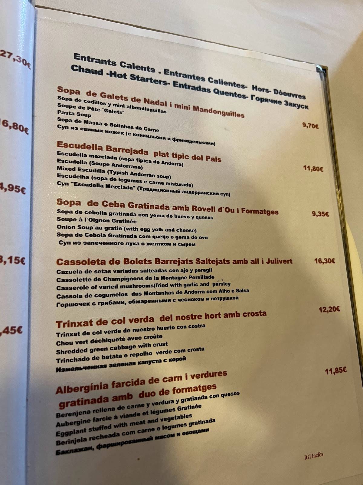 Carta de Restaurant Borda Eulari Anyos, Anyós