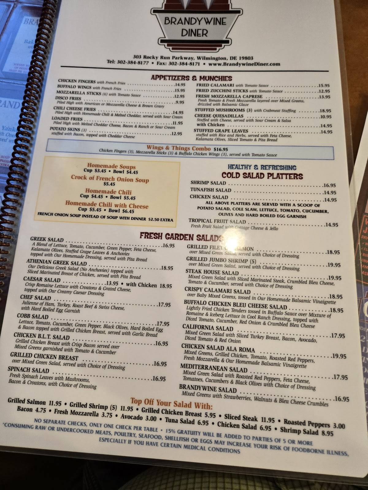 Menu at Brandywine Diner restaurant, Wilmington