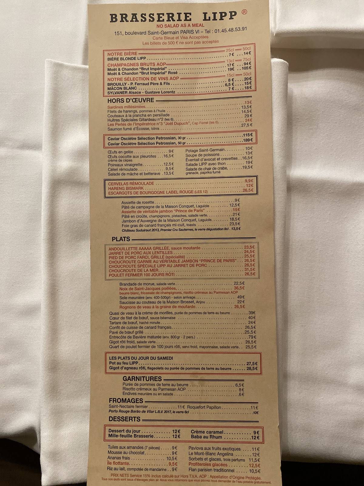 Menu au Brasserie Lipp restaurant, Paris, 151 Bd Saint-Germain