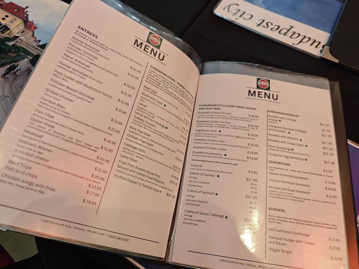 Menu at Budapest Restaurant, Toronto, Danforth Ave