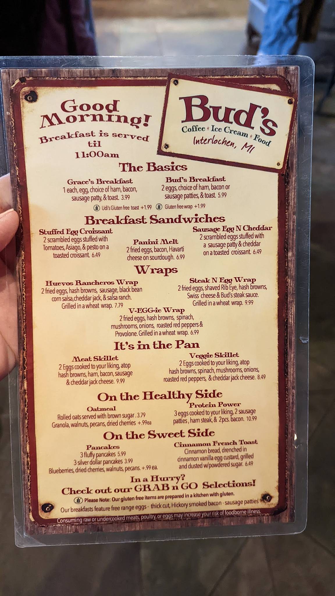 Menu at Bud's restaurant, Interlochen